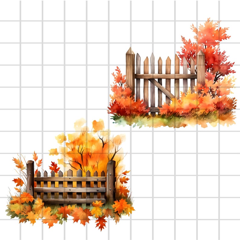 Watercolor Autumn Fences Clipart, 10 PNG Fall Fence Images, Garden ...