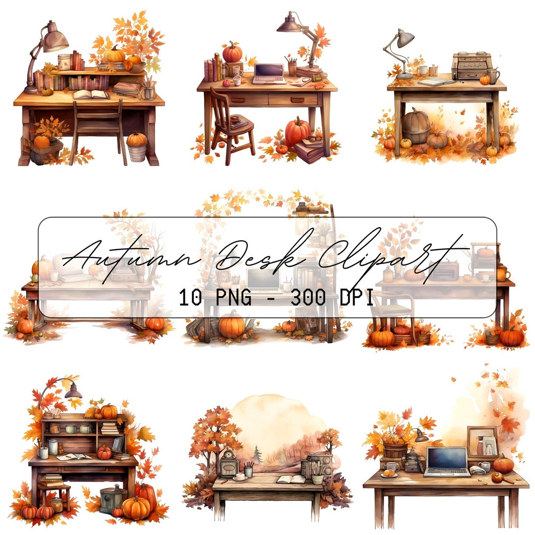 Watercolor Autumn Desk Clipart, 10 High Quality Pngs, Workspace Cozy ...