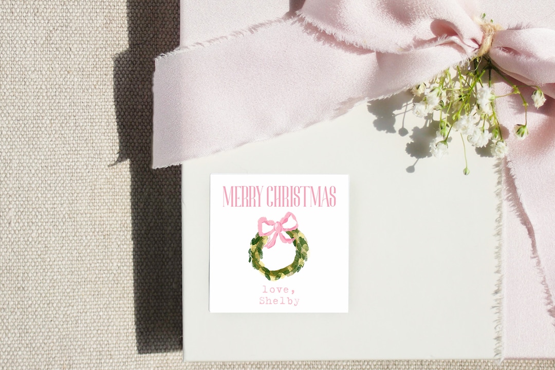 Pink Wreath Bow Gift Sticker, Printable Sticker Pack, Merry Christmas ...