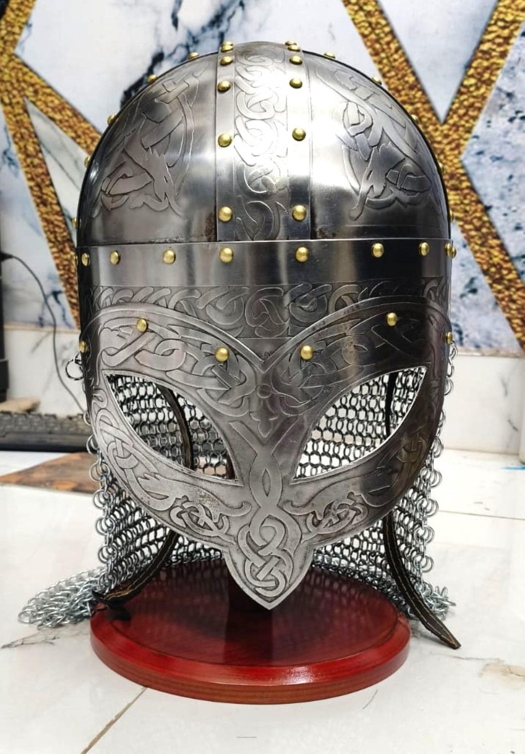 Viking Vendel Steel Etched Helmet With Stand~ Halloween Medieval Knight ...
