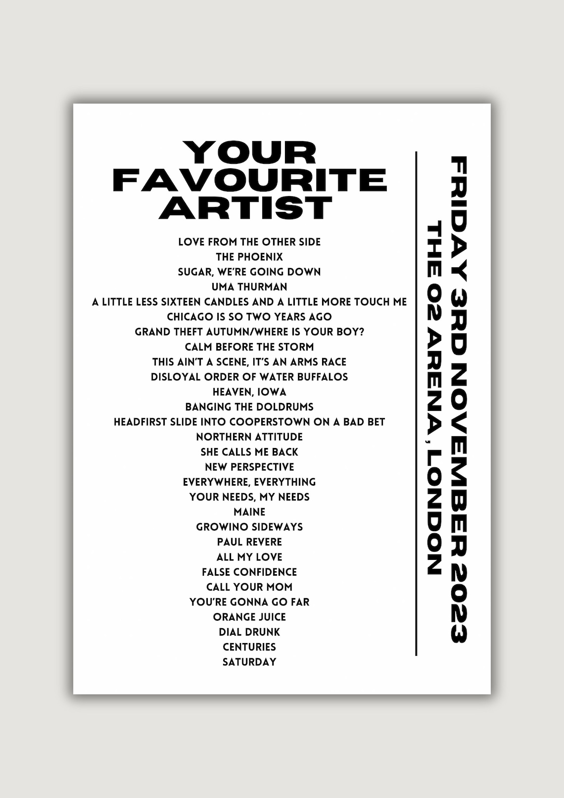 Customised Concert Setlist Print, Personalised Concert Setlist, Concert ...