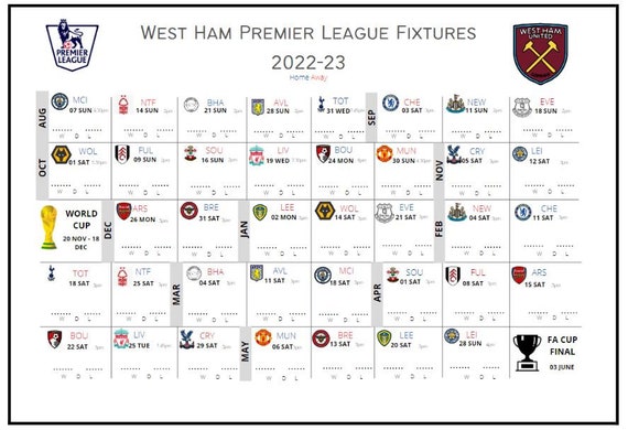 West Ham United Printable Fixture List Wall Chart West Ham - Etsy