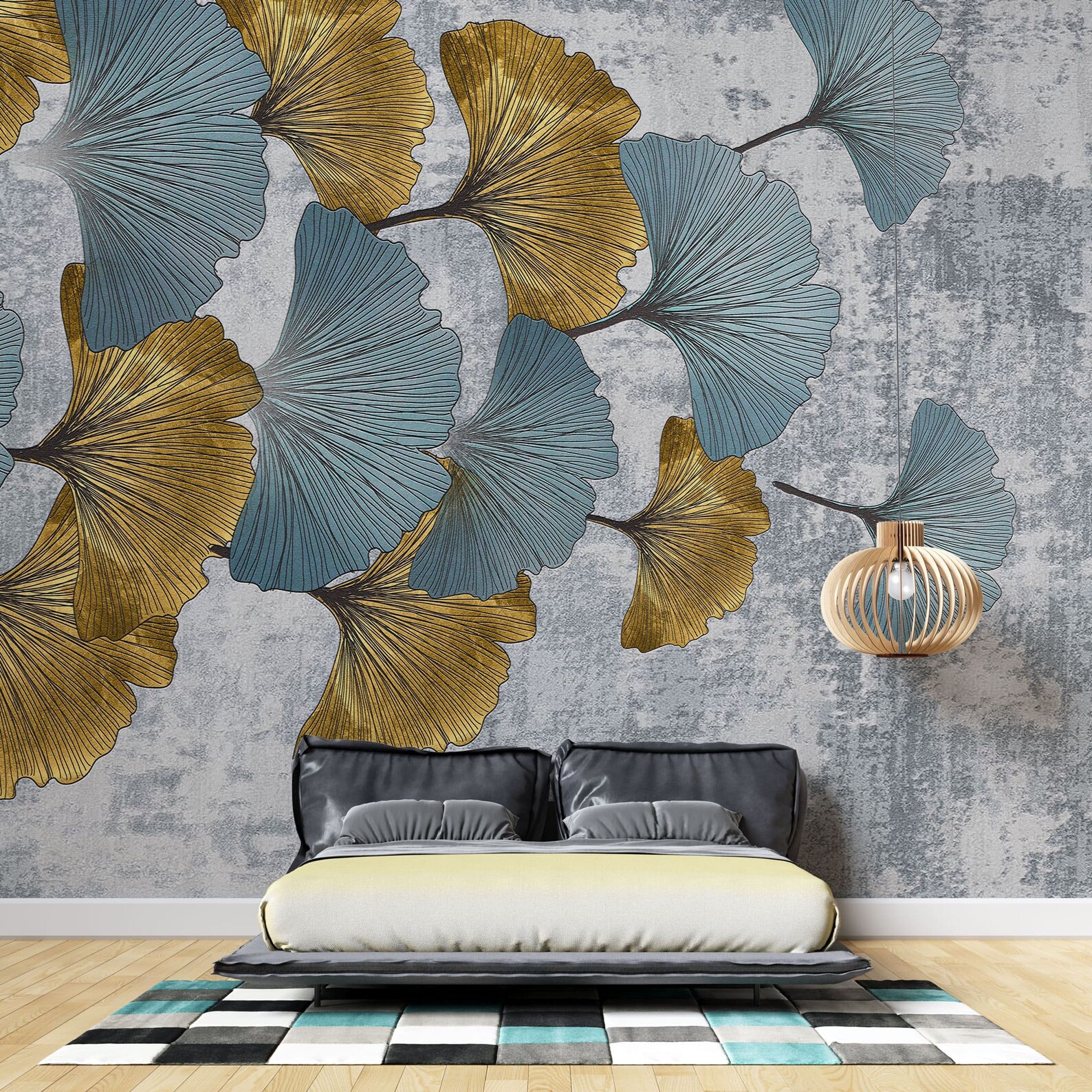 Blue Golden Ginko Biloba Leaf Wallpaper | Luxury Modern Wall Decor ...