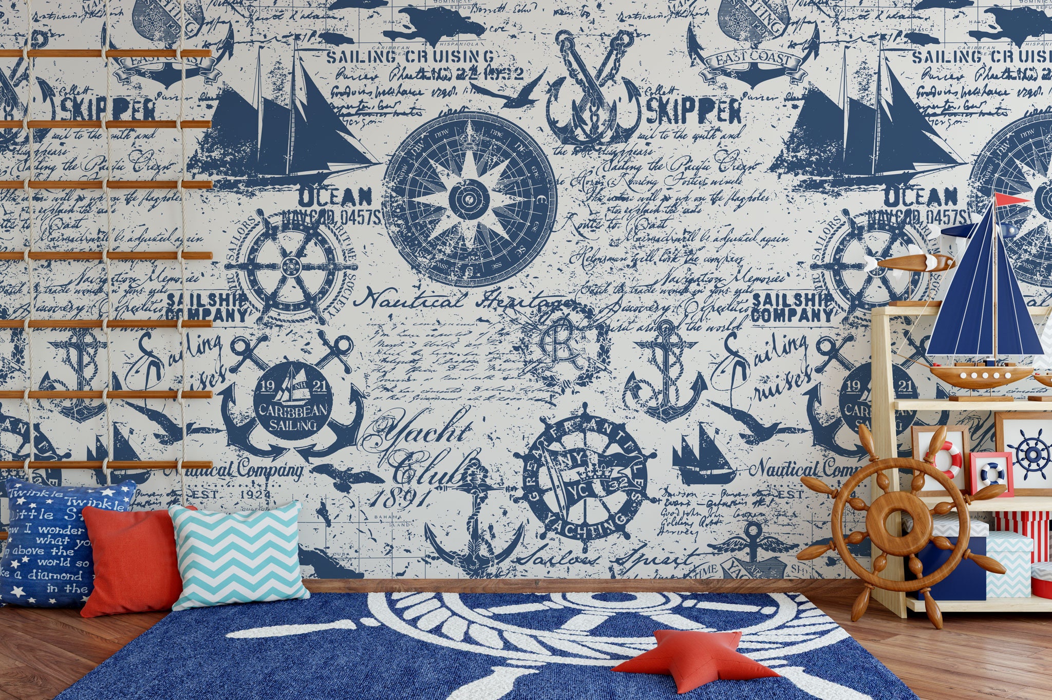 Blue Sail Map Kids Room Wallpaper Nursery Maritim Naval Boats Anchor ...