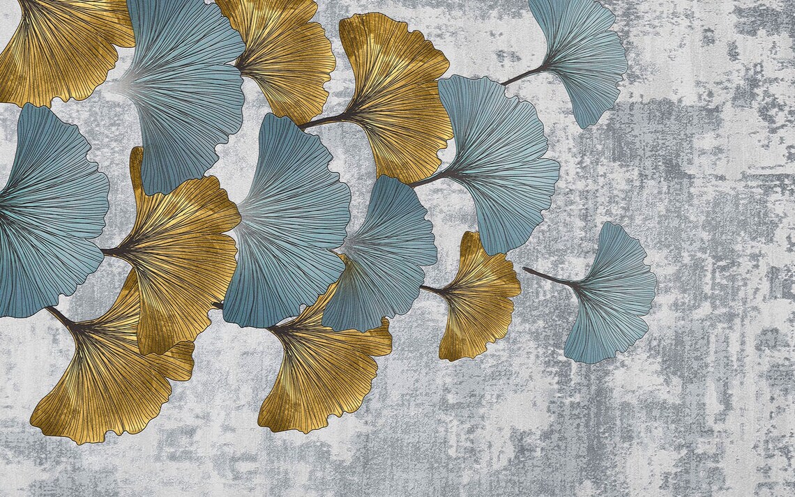 Blue Golden Ginko Biloba Leaf Wallpaper | Luxury Modern Wall Decor ...