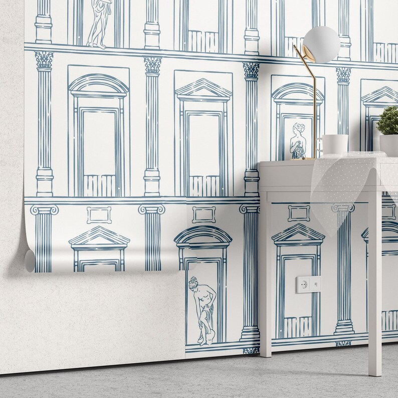 Blue Roman Greek Sculpture Luxury Boiserie Panels Wallpaper | Antique ...