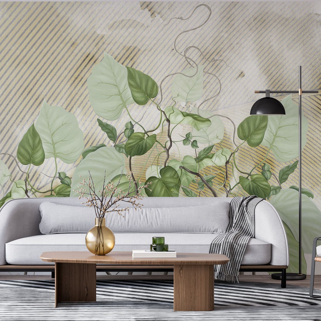 Green Leaf Stripes Wallpaper | Luxury Modern Wall Decor | Nature Beige ...