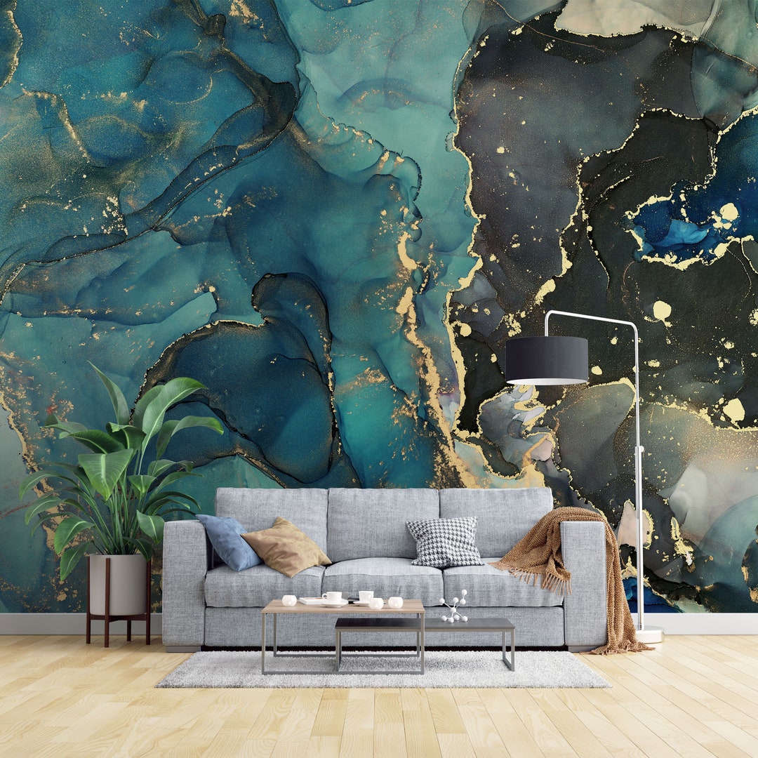 Blue Turquoise Gold Marble Texture Wallpaper | Luxury Modern Wall Deco ...