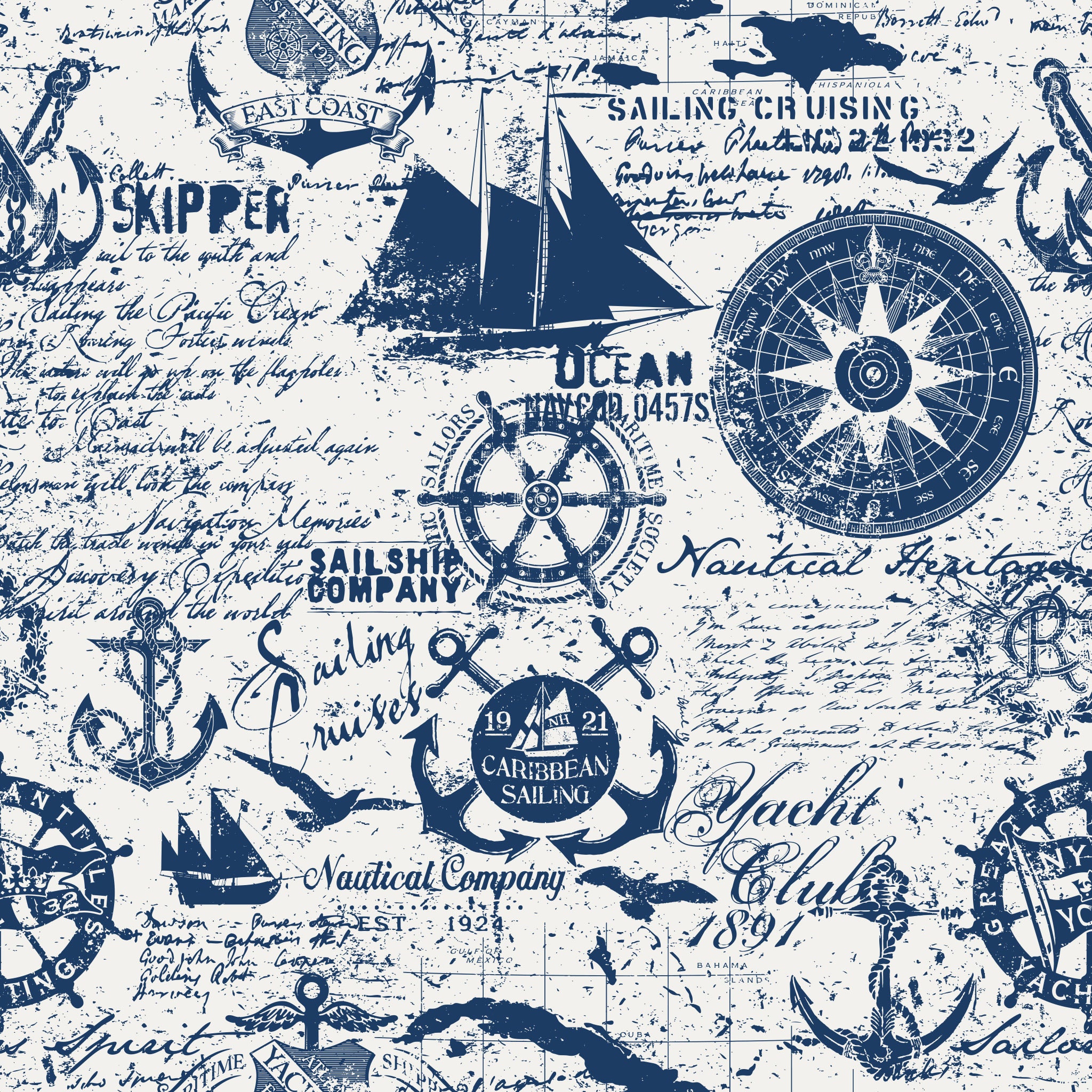 Blue Sail Map Kids Room Wallpaper Nursery Maritim Naval Boats Anchor ...