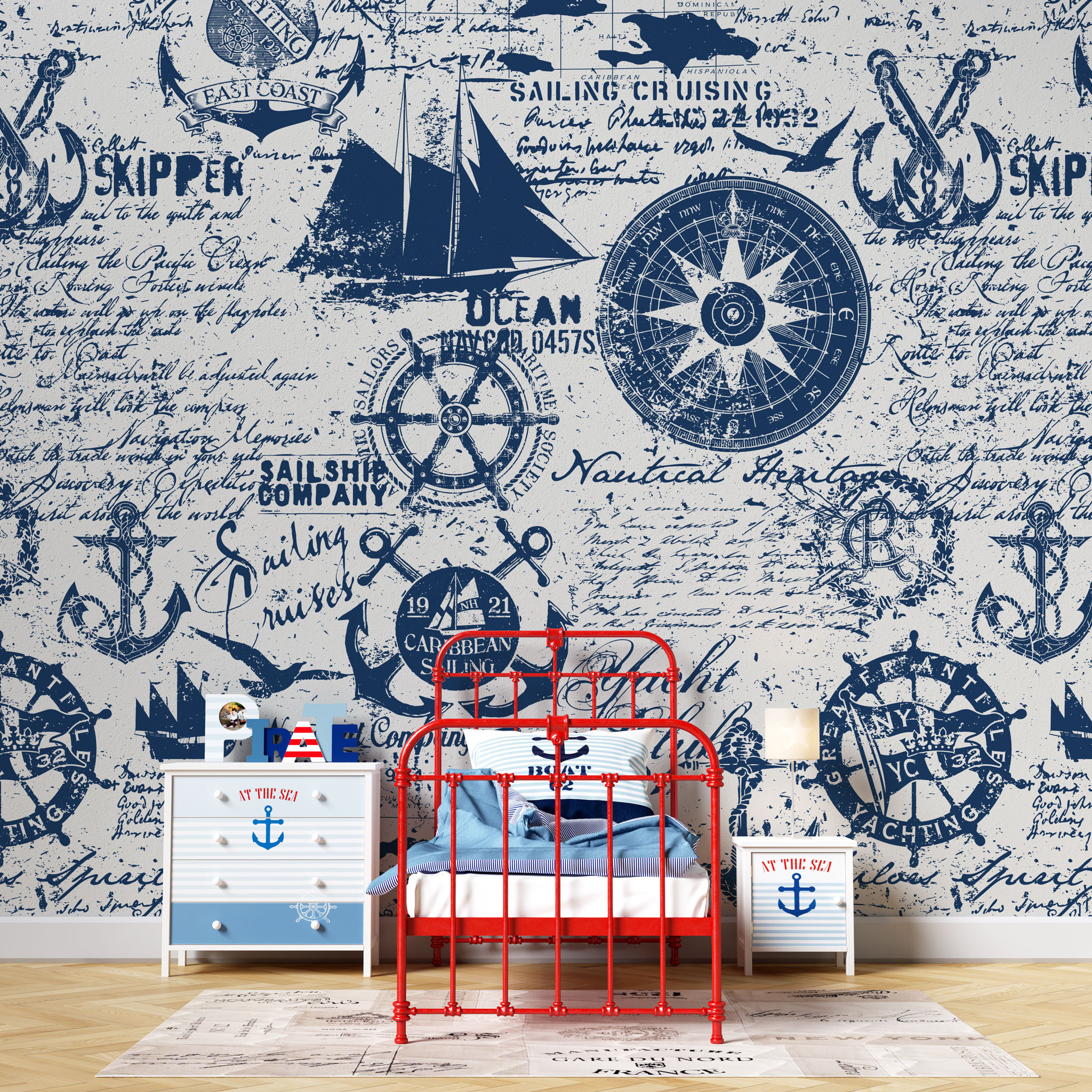 Blue Sail Map Kids Room Wallpaper Nursery Maritim Naval Boats Anchor ...