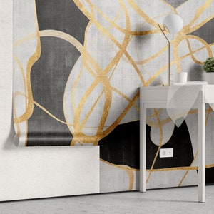 Gold Line Abstract Design Wallpaper Luxury Modern Wall Decor Textured ...