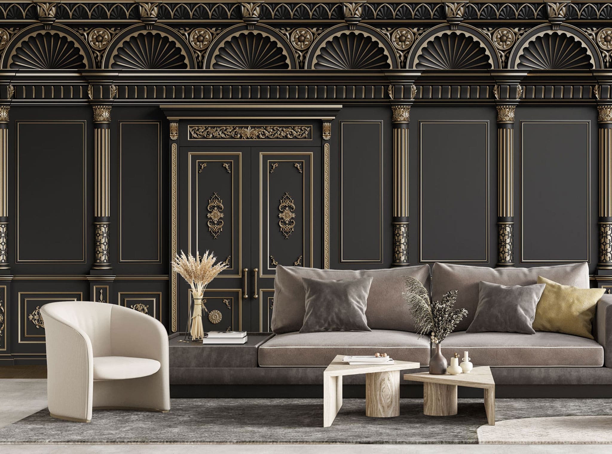 Golden Black Luxury Boiserie Wood Panels Wallpaper | Antique Baroque ...