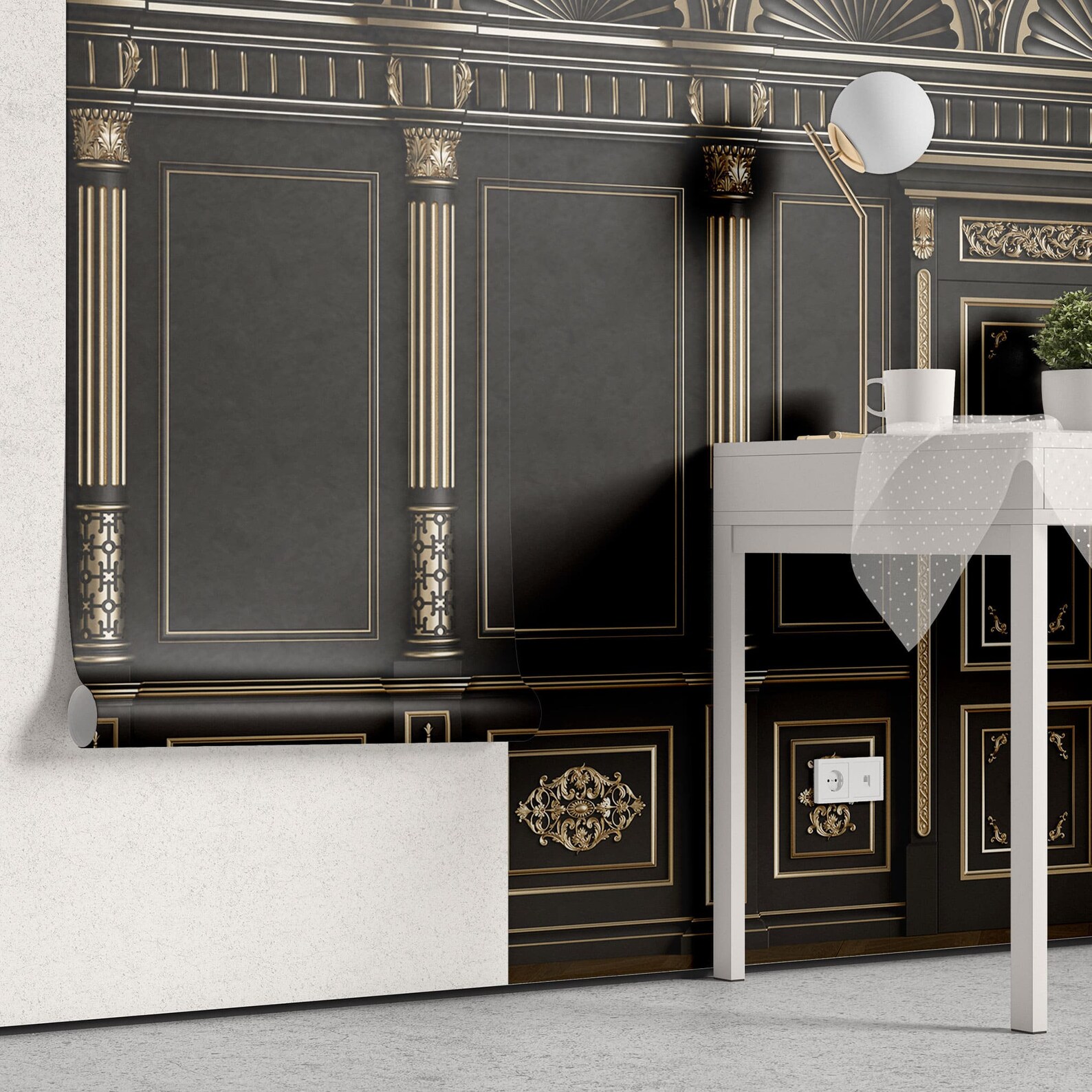 Golden Black Luxury Boiserie Wood Panels Wallpaper | Antique Baroque ...