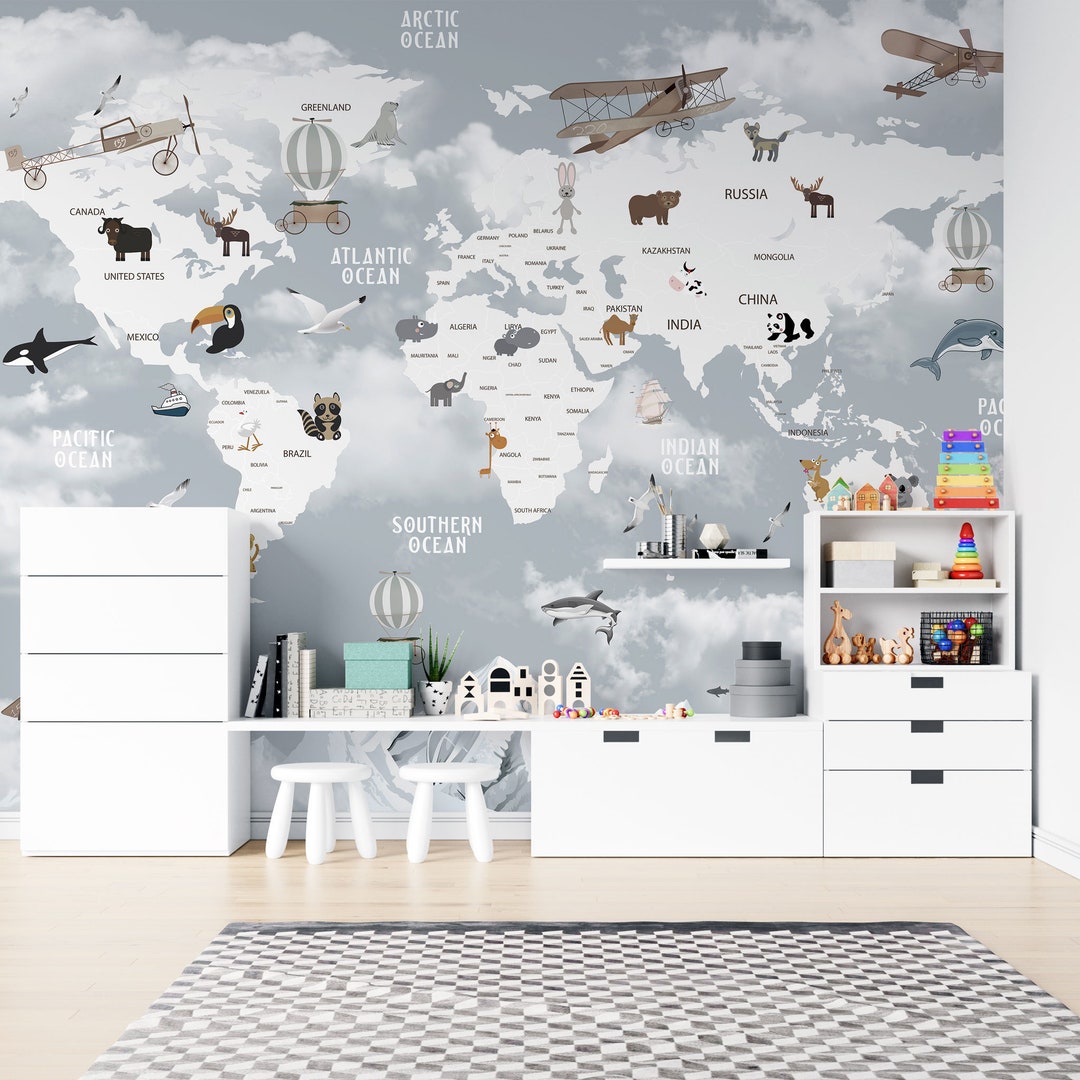 Animal World Map | Kids Room Wallpaper Nursery | Animals Winter World ...
