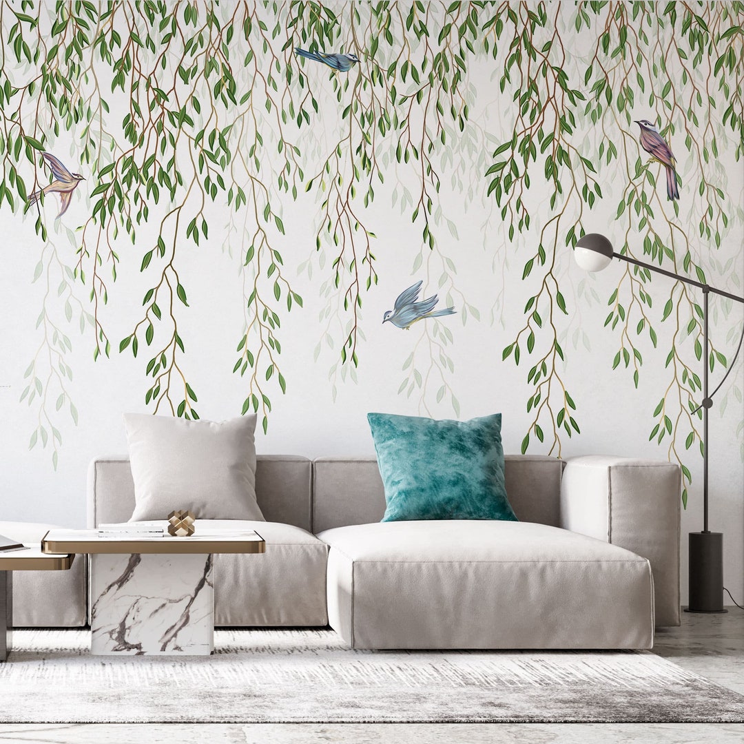 Hanging Leaves Birds Wallpaper | Luxury Modern Wall Decor | Nature ...