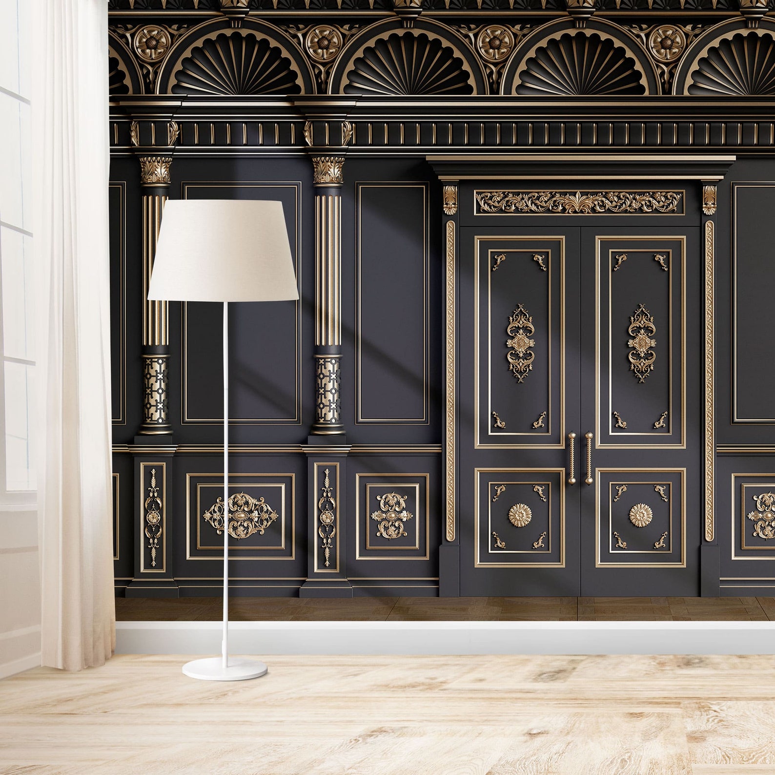 Golden Black Luxury Boiserie Wood Panels Wallpaper | Antique Baroque ...