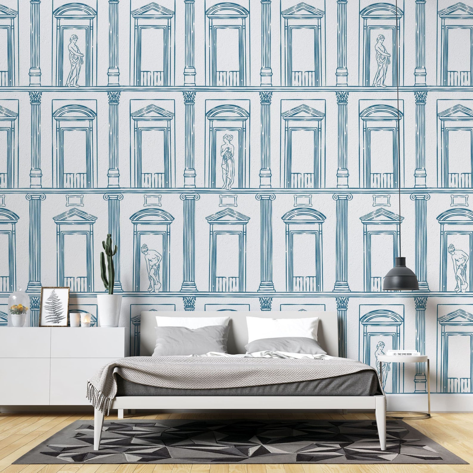 Blue Roman Greek Sculpture Luxury Boiserie Panels Wallpaper | Antique ...