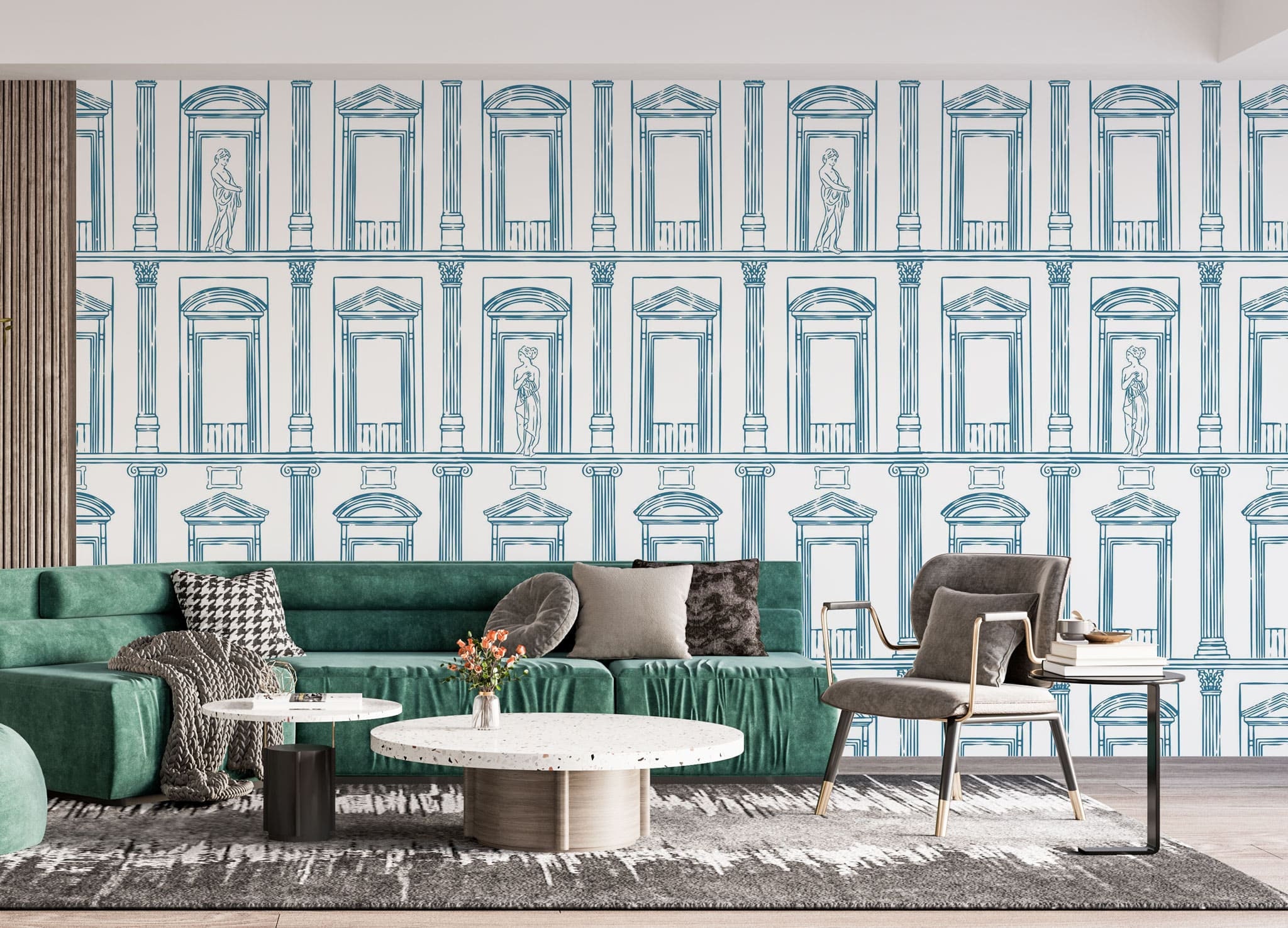 Blue Roman Greek Sculpture Luxury Boiserie Panels Wallpaper | Antique ...