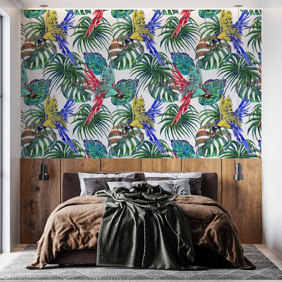 Colorful Parrots Watercolor Wallpaper | Tropical Floral Modern Wall ...