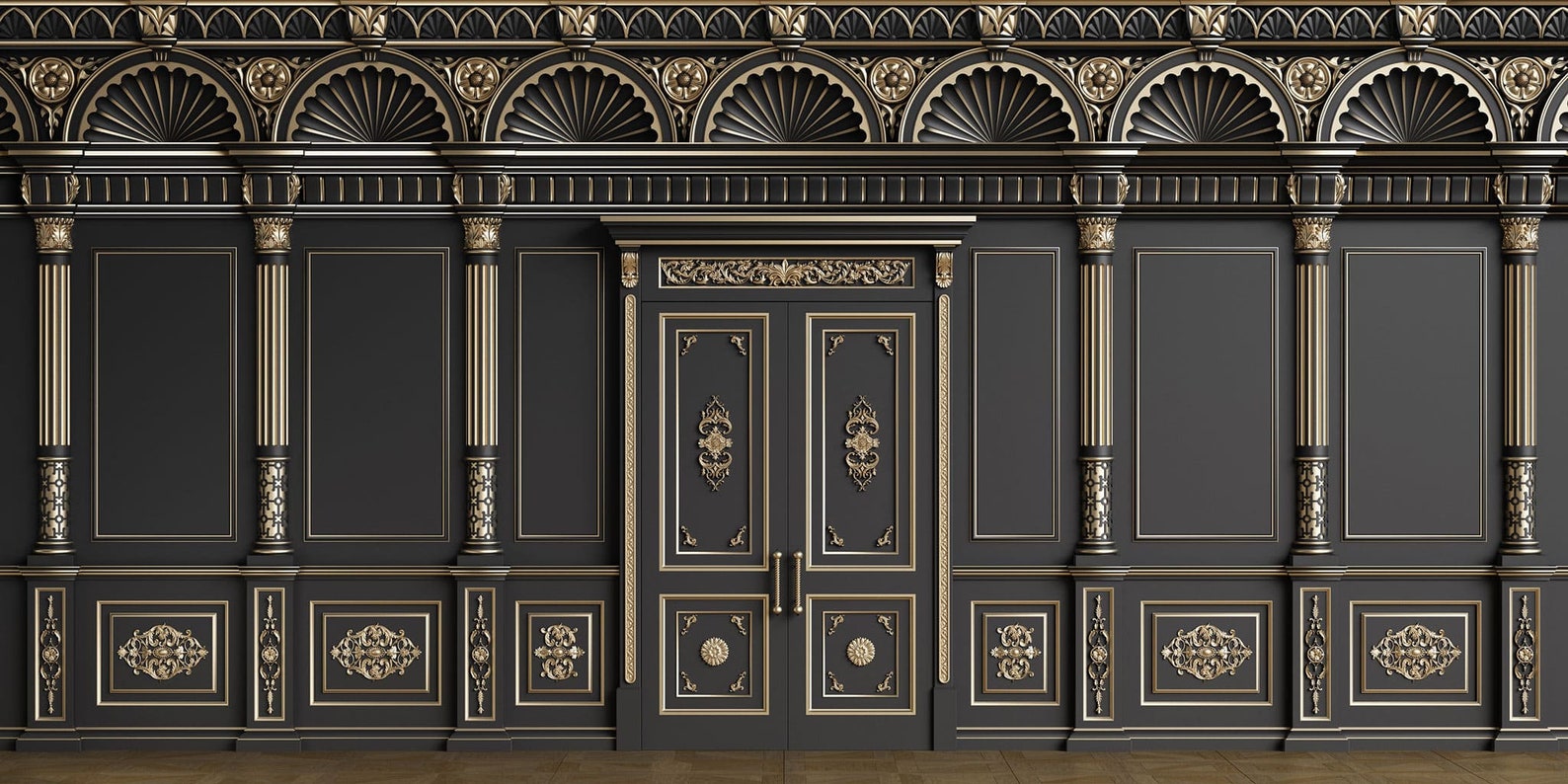 Golden Black Luxury Boiserie Wood Panels Wallpaper | Antique Baroque ...