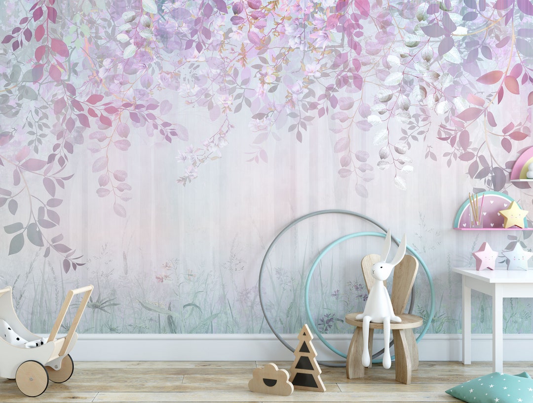 Mauve Forest Leaves | Kids Room Wallpaper Nursery | Purple Green Pastel ...