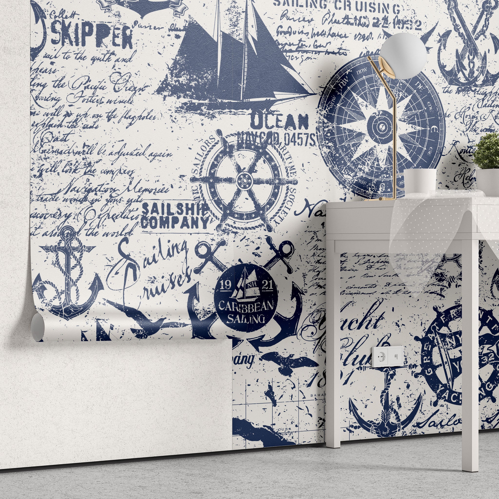 Blue Sail Map Kids Room Wallpaper Nursery Maritim Naval Boats Anchor ...