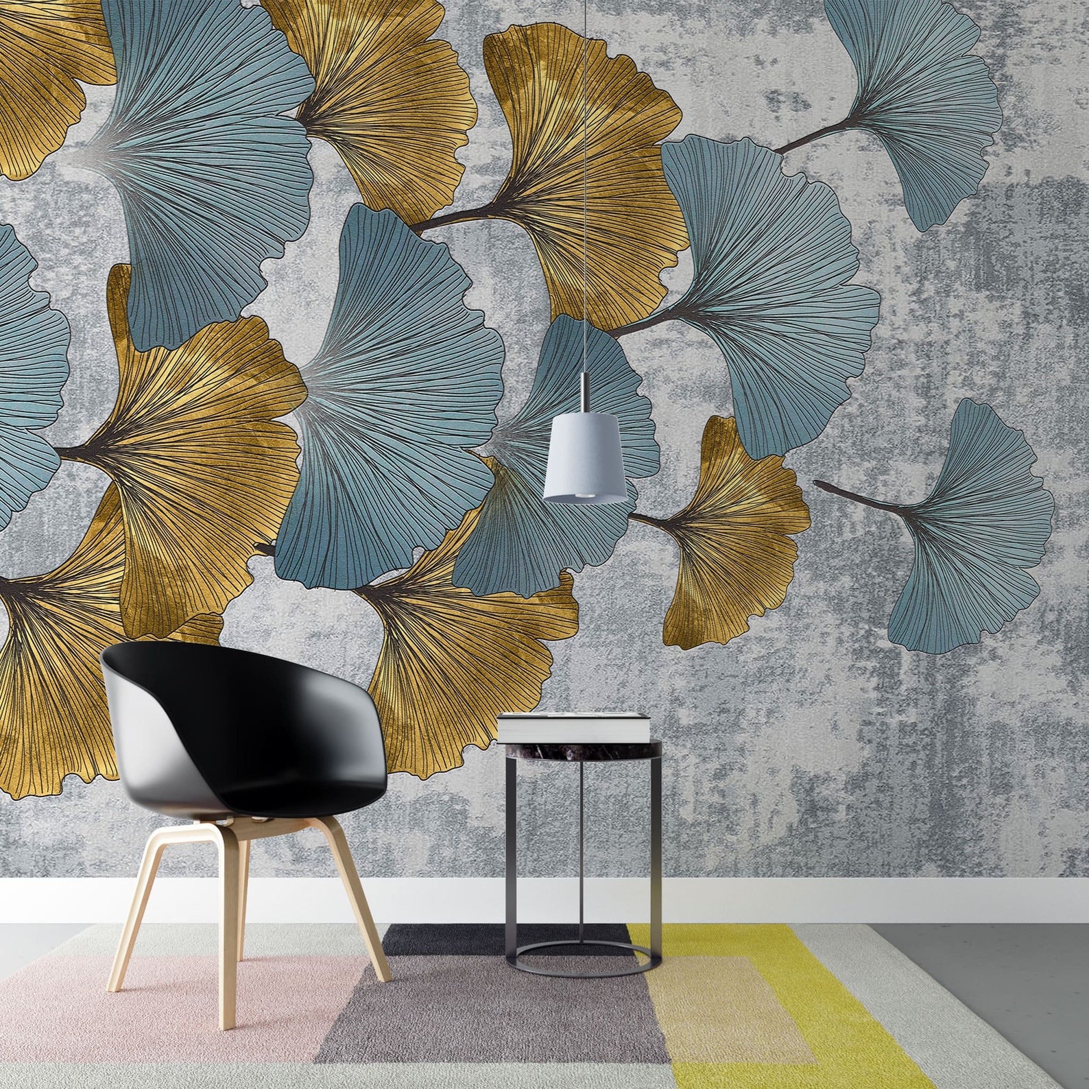Blue Golden Ginko Biloba Leaf Wallpaper | Luxury Modern Wall Decor ...