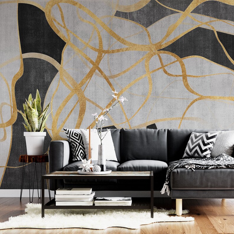Gold Line Abstract Design Wallpaper Luxury Modern Wall Decor Textured ...