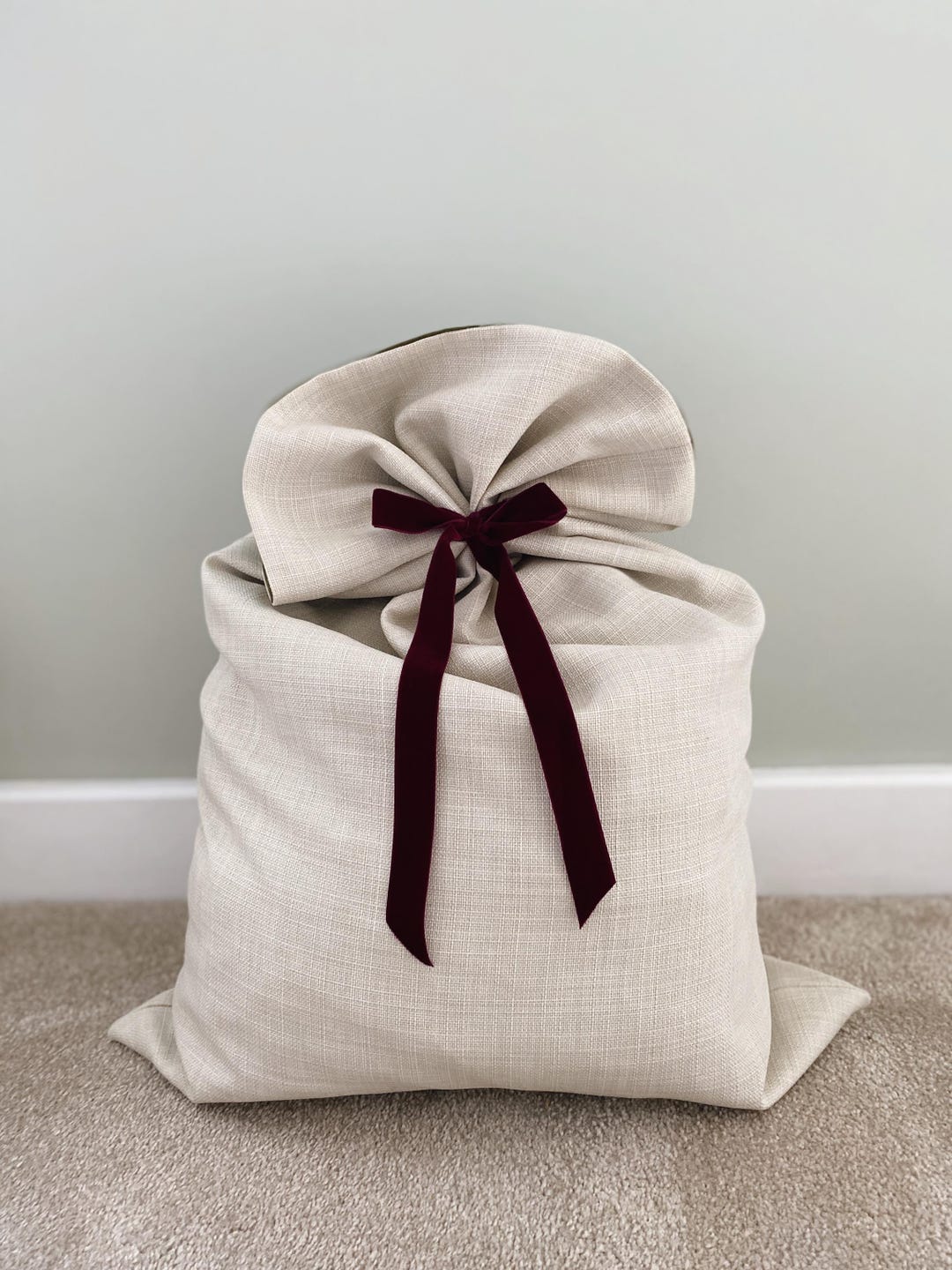 PRE-ORDER Cream Linen Santa Sack, Velvet Lined Christmas Gift Bag ...