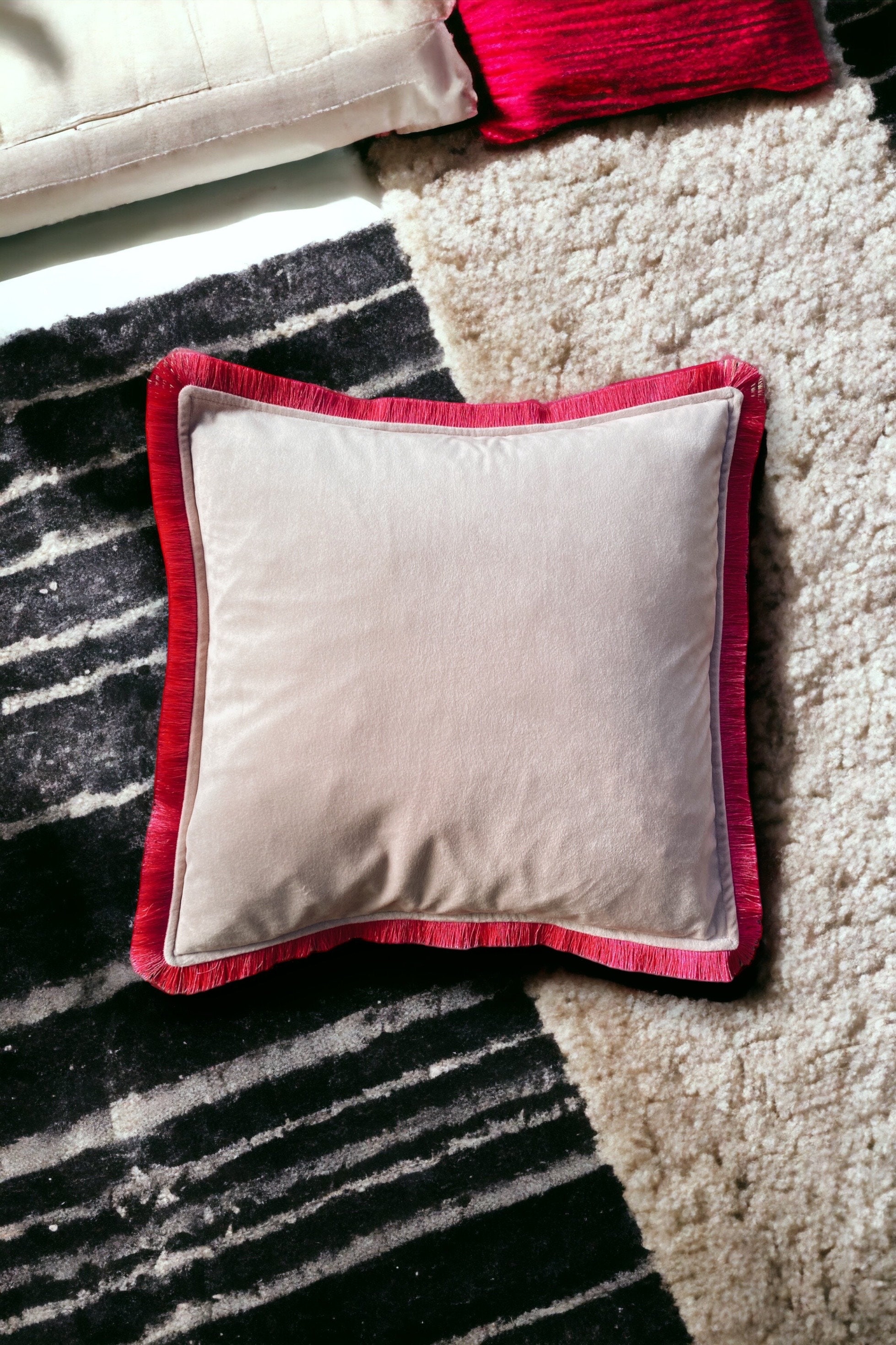 Powder Pink Velvet COMPLETE Cushion With Fuchsia Pink Fringe Edge ...