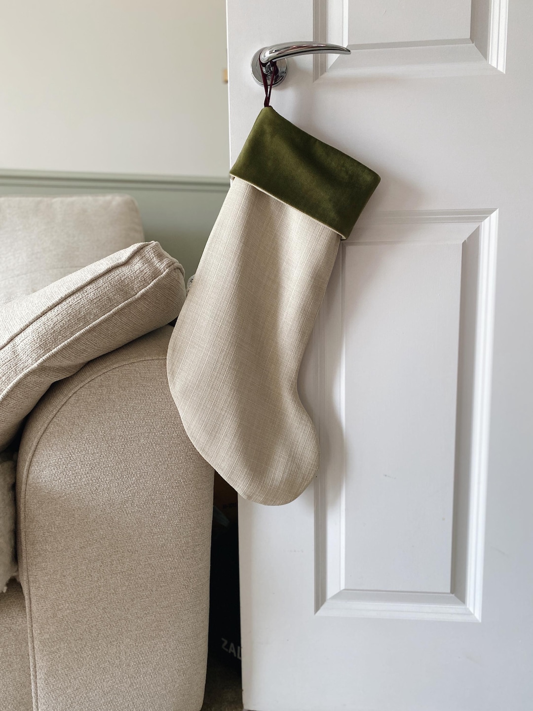 PRE-ORDER Cream Linen Christmas Stocking, Textured Luxury Velvet Lined ...