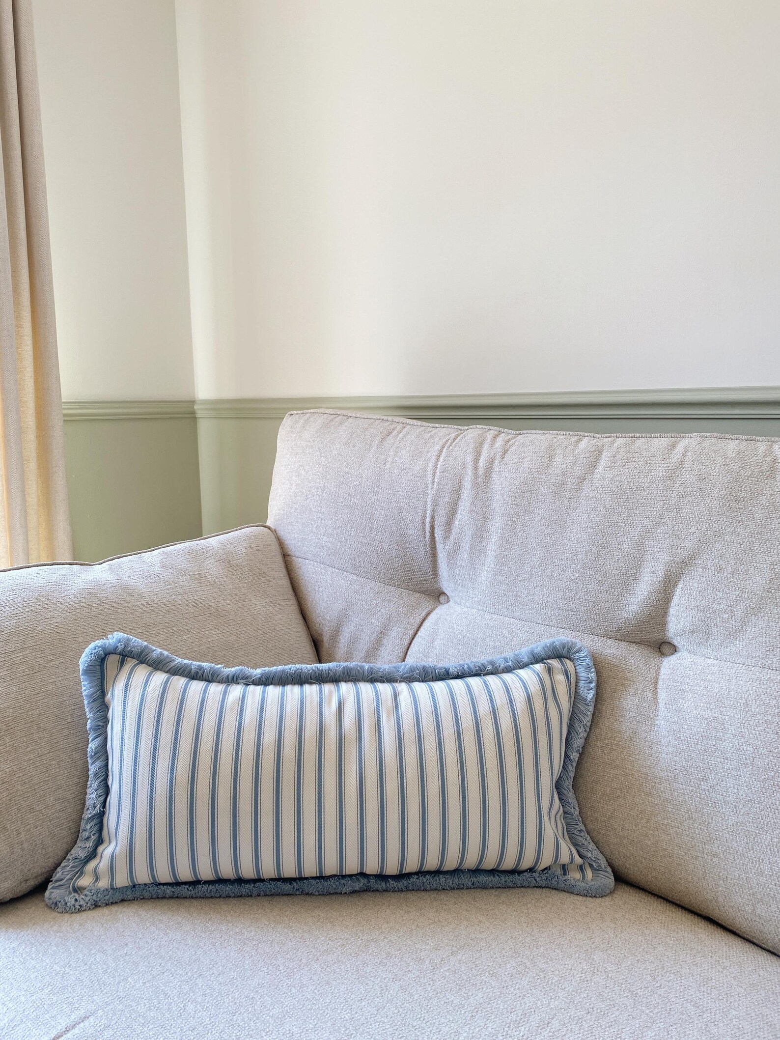 Blue Fringe Ticking Stripe Lumbar Oblong Complete Cushion, Coastal ...