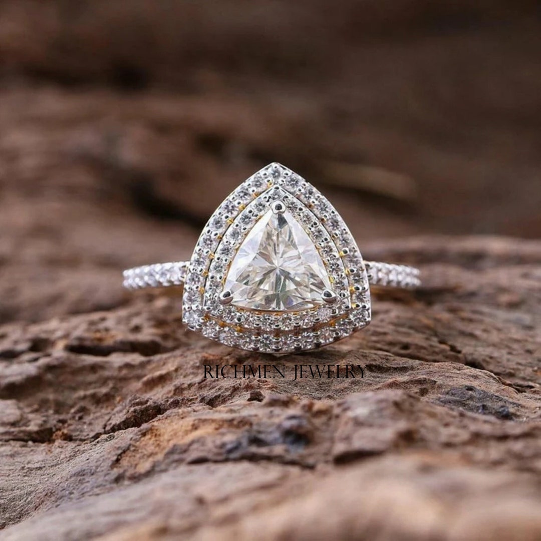 Trillion Cut Moissanite Engagement Ring Vintage Unique Yellow Gold ...