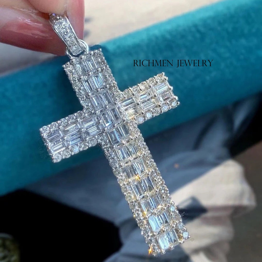 10K Solid Gold Charm Cross Necklace Pendant VVS1 Baguette - Etsy