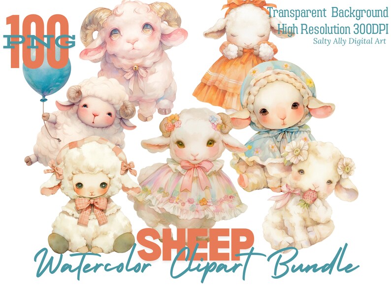 Farm Clipart Bundle: Watercolor Cute Baby Sheep |100 PNG| Card Making ...