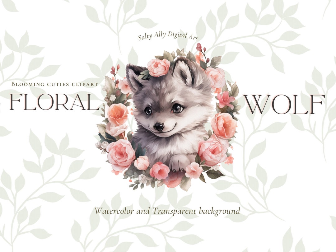 Grey Wolf Clipart: Watercolor Floral Wolf20 PNG Card Making,printing ...