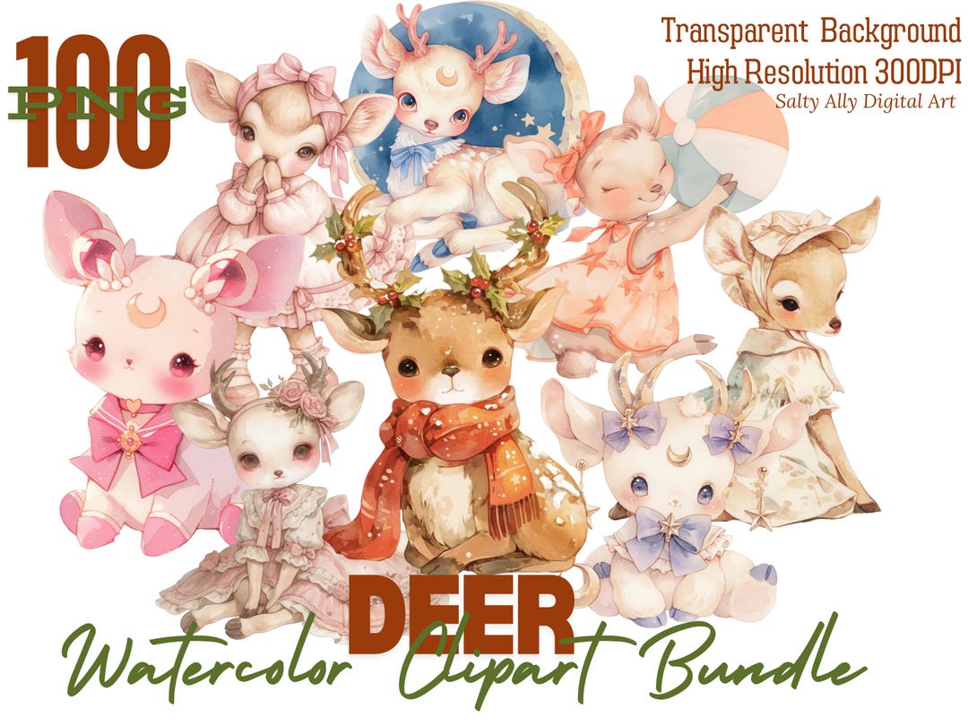 Christmas Clipart Bundle: Watercolor Cute Baby Deer 100 PNG Card Making ...