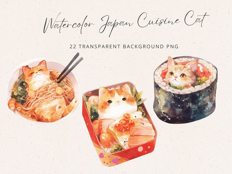 Kitten Clipart: Watercolor Japan Cuisine Cat |22PNG| Goodnotes,sticker ...
