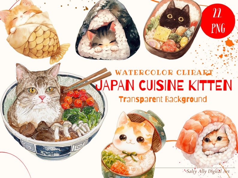 Kitten Clipart: Watercolor Japan Cuisine Cat |22PNG| Goodnotes,sticker ...