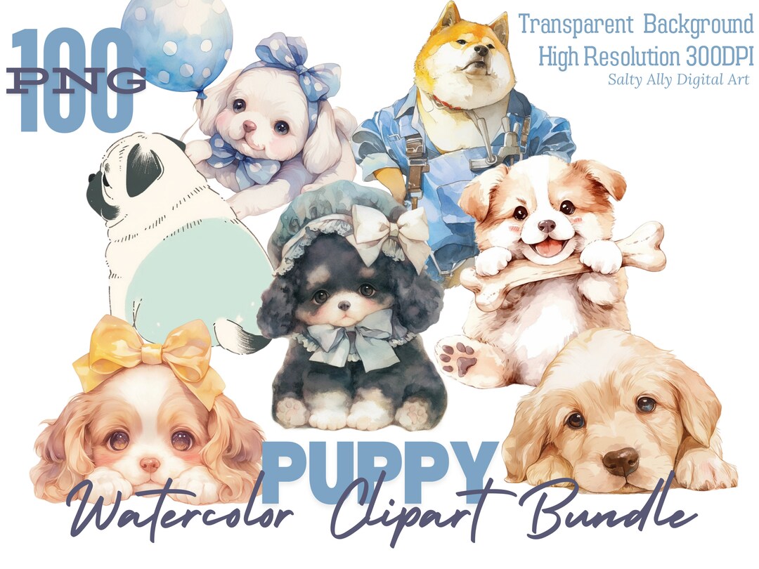 Pet Clipart Bundle: Watercolor Cute Baby Puppy |100 PNG| Card Making ...