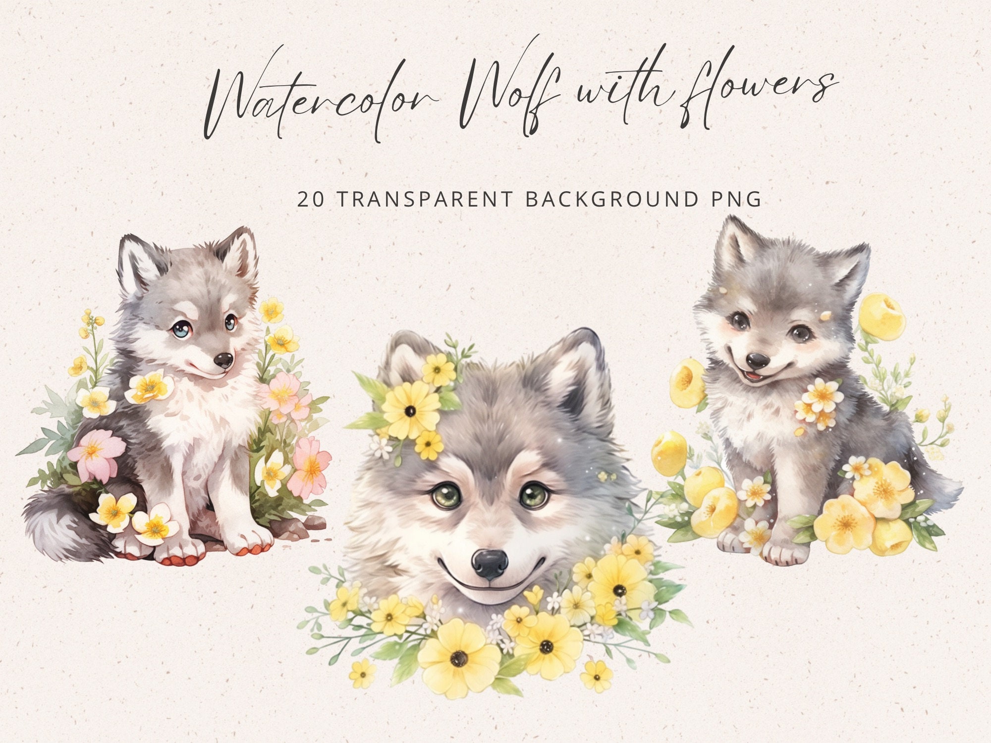 Grey Wolf Clipart: Watercolor Floral Wolf20 PNG Card Making,printing ...
