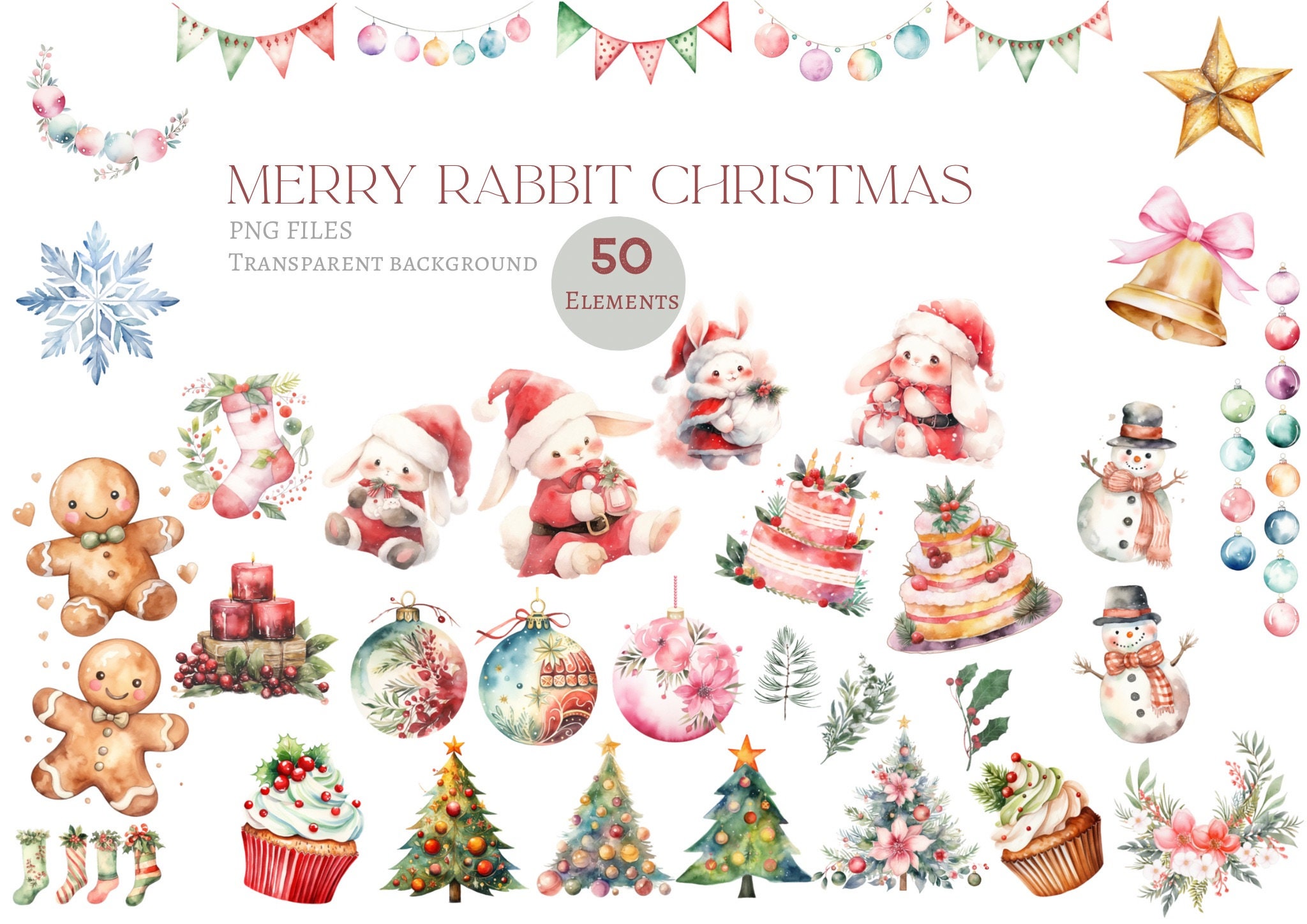 Rabbit Clipart:watercolor Christmas Rabbit Clipart festive ...