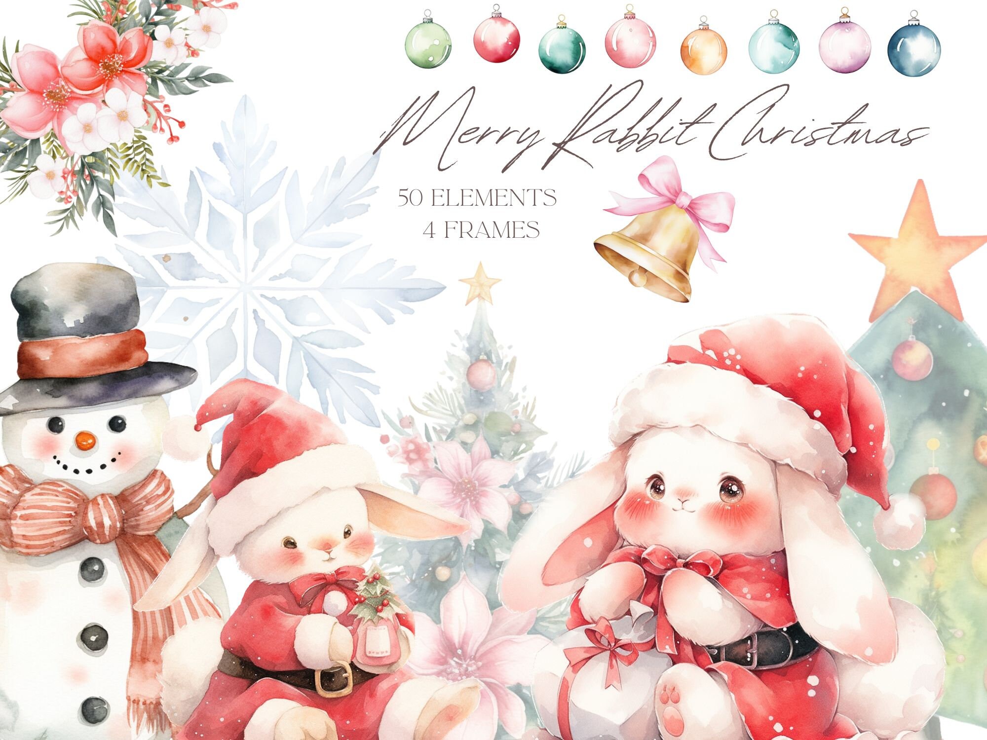 Rabbit Clipart:watercolor Christmas Rabbit Clipart festive ...