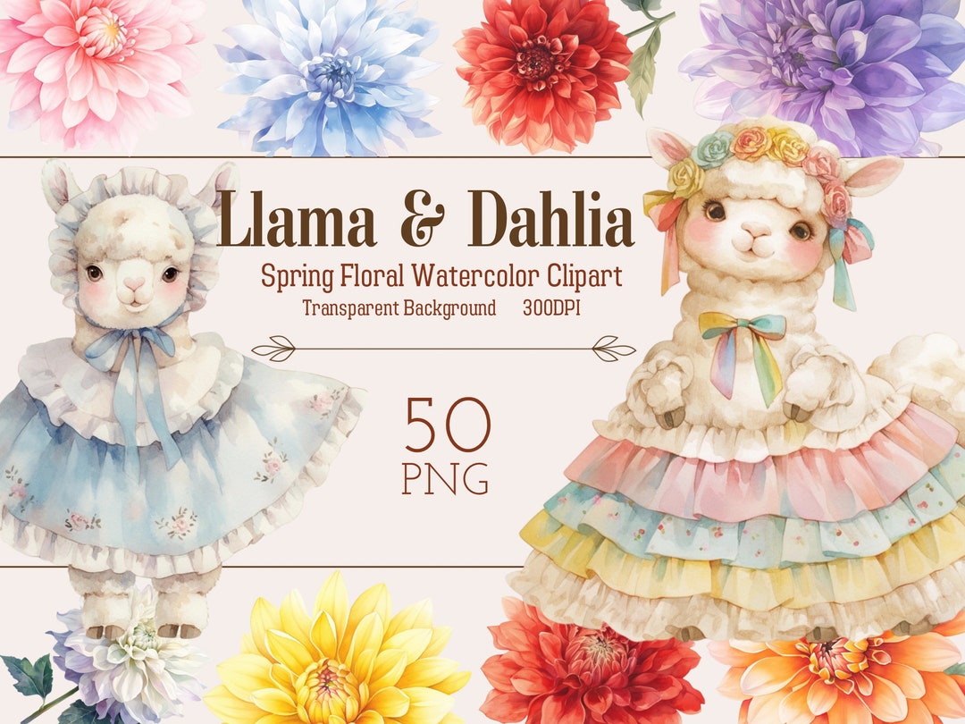 Floral Llama Clipart: 50 Watercolor Llamas and Dahlia Flower Clipart ...