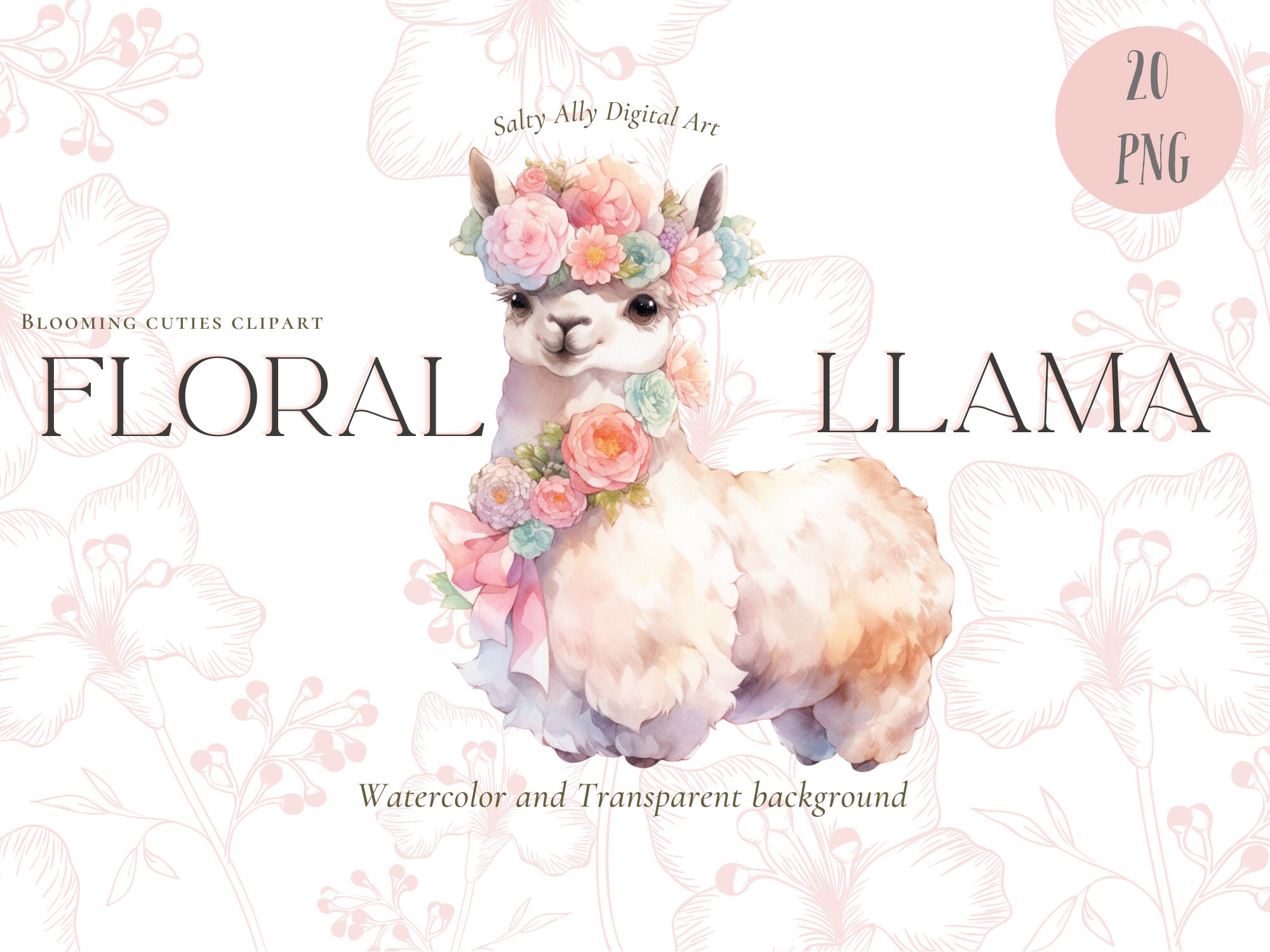 Llama Clipart: Watercolor Floral Llama 20 PNG Card Making,printing ...