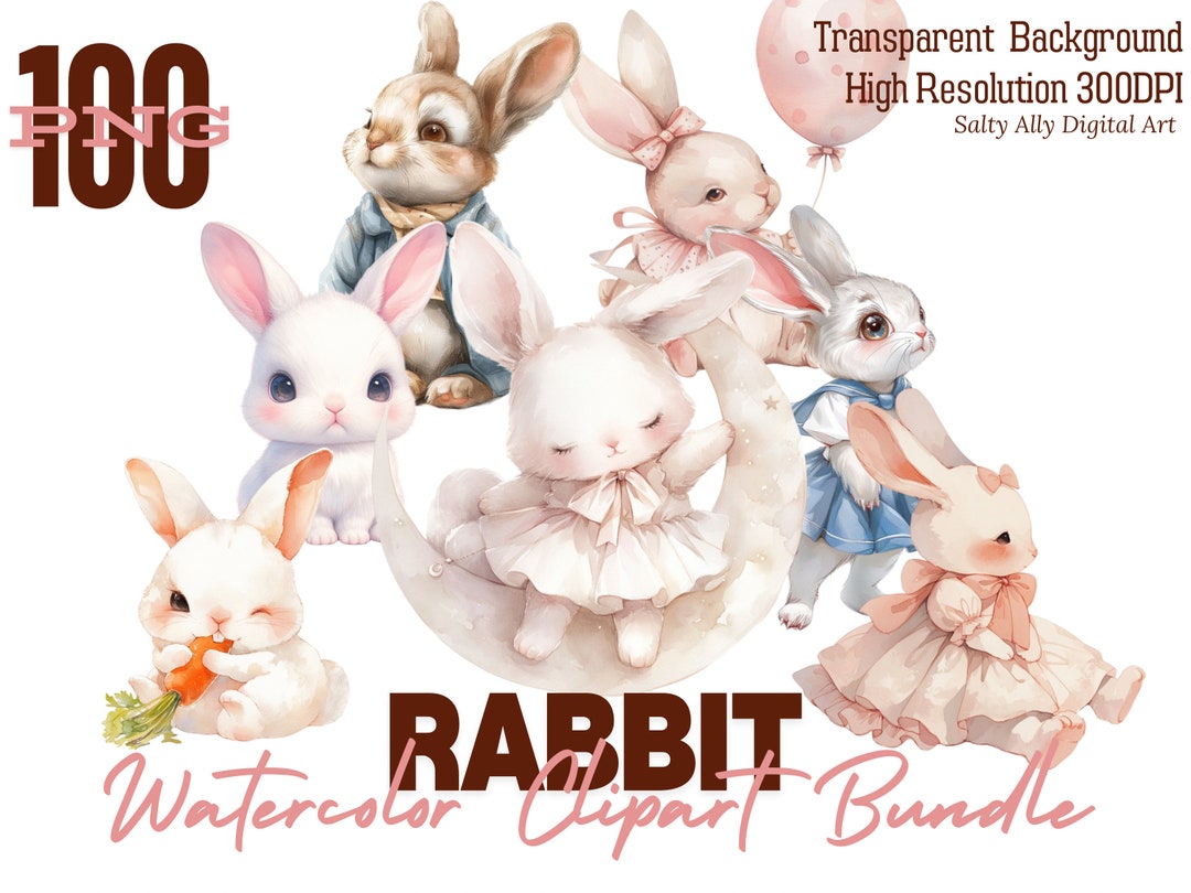 Bunny Clipart Bundle: Watercolor Cute Baby Rabbit |100 PNG| Card Making ...
