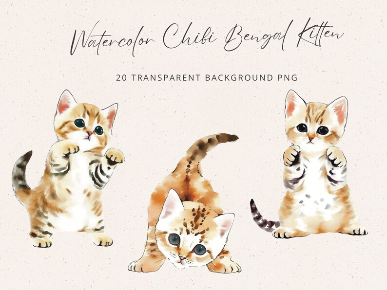 Kitten Clipart: Watercolor Chibi Bengal Cat |20 PNG| Card Making ...