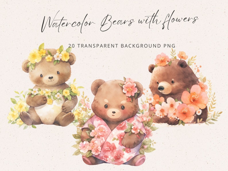 Bear Clipart: Watercolor Floral Bear 20 PNG Bear Clipart flower Clipart ...