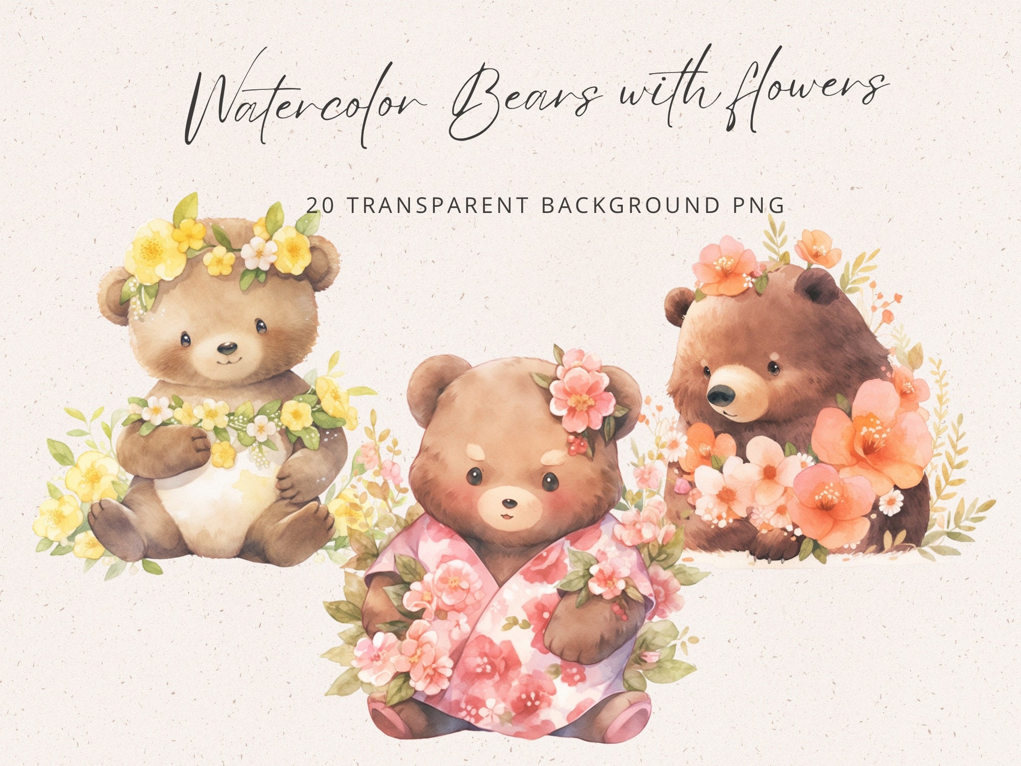 Bear Clipart: Watercolor Floral Bear 20 PNG Bear Clipart flower Clipart ...