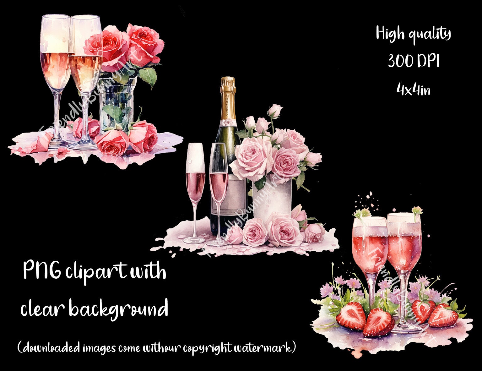 Pink Champagne PNG, Watercolour Rose Champagne Strawberry Bundle ...